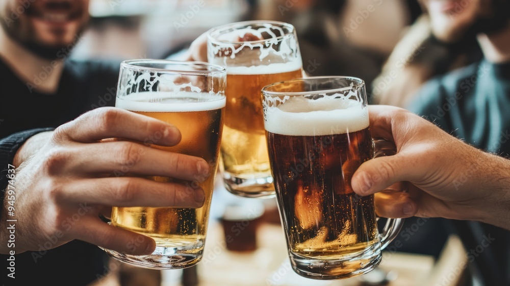 Cheers, friends and beer in restaurant with glasses as celebration for ...