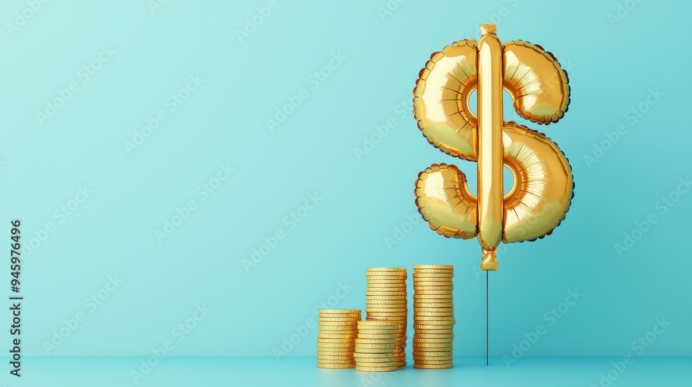 A gold dollar sign balloon being inflated by a pump, with stacks of ...