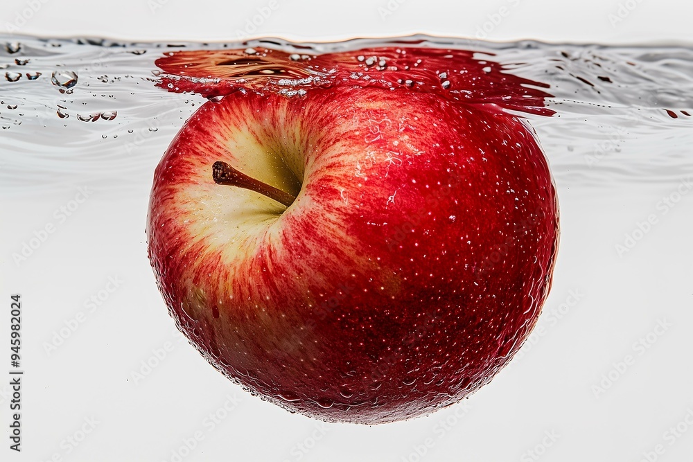 Red Apple Floating Underwater with Clear Ripples, Close-Up of Fresh ...