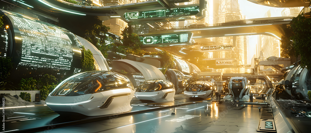 A high-tech land transportation hub, featuring AI-driven autonomous ...
