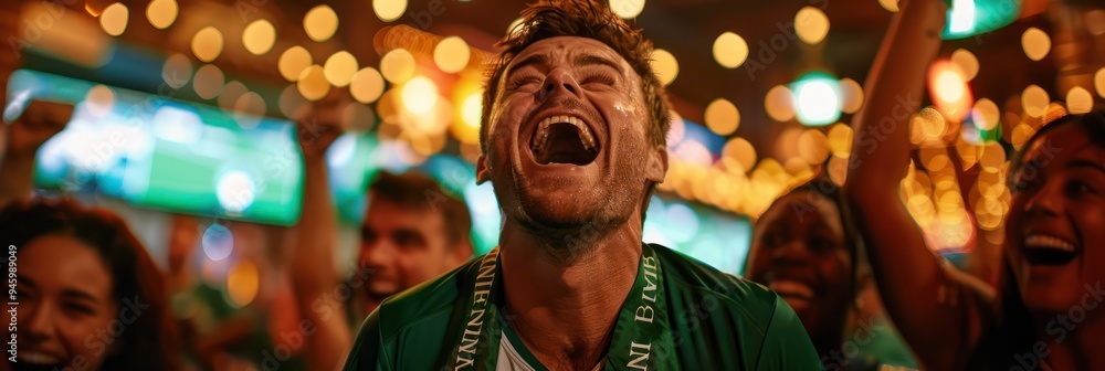 Sports bar scene group of people gathered around TV screen, illuminated ...