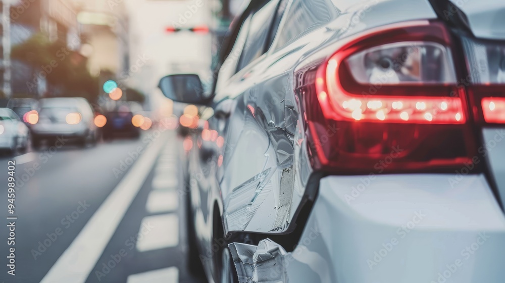Close-up of car bumper with visible crash damage showing dented and ...