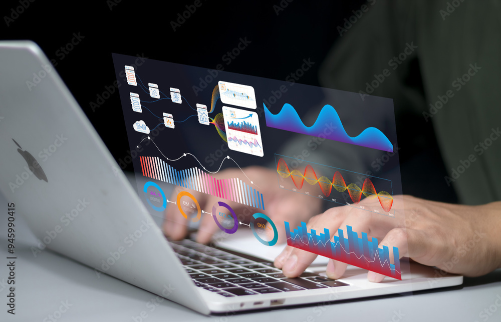Data analyst working on dashboard with chart virtual screen. concept of ...