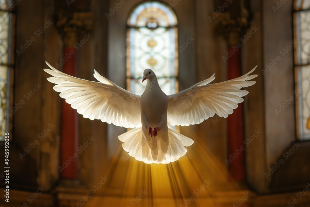 Holy Spirit represented as winged dove descends with flames. Of New ...