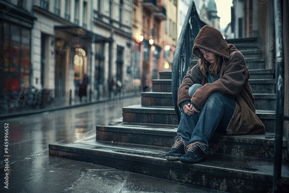 A homeless woman sits alone on a city stairway in the rain. Her face is ...
