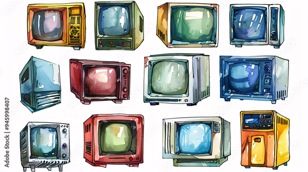 set of old computer devices and monitors, vintage, tech elements ...