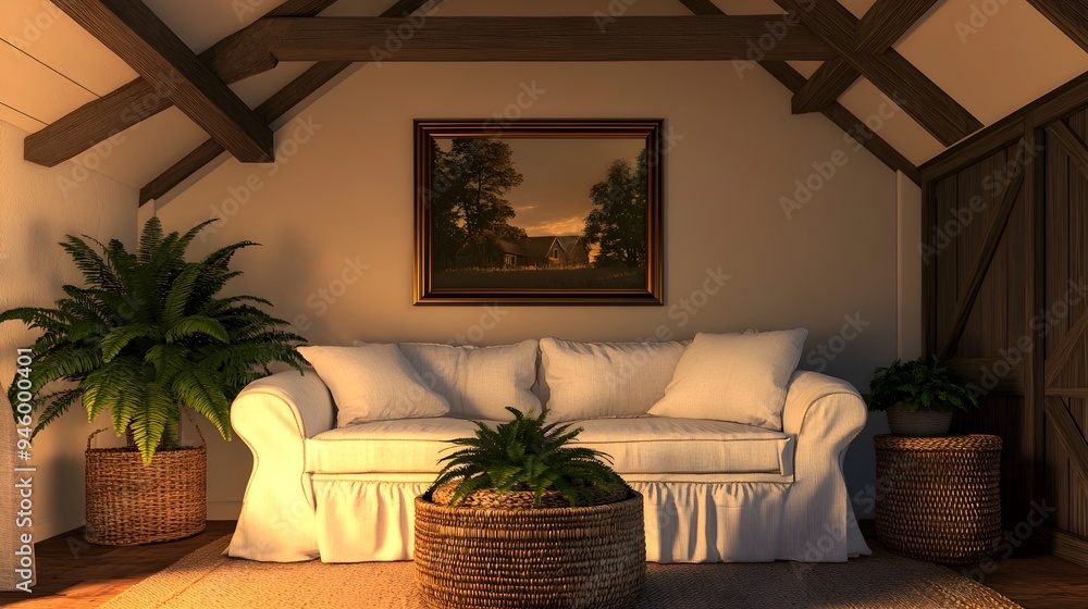 Charming farmhouse lounge with vaulted ceiling exposed beams linen ...