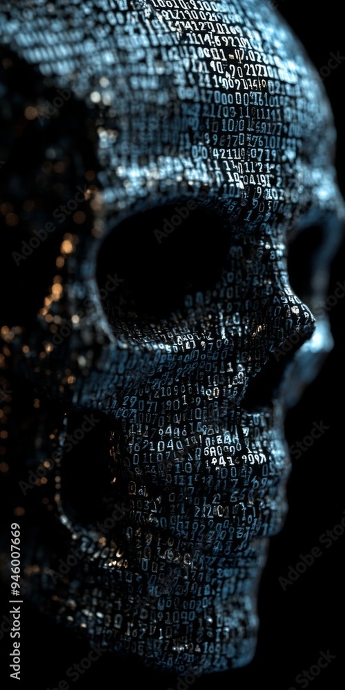 This image shows a side profile view of a skull made from binary code ...