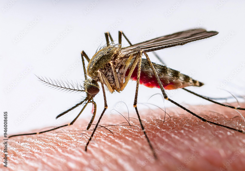 Mosquito-borne virus EEE. A close-up of a mosquito feeding on human ...