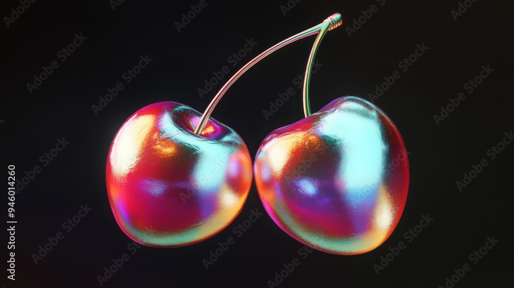 Chrome liquid metal cherry. 3D render cherries, modern design. Isolated ...