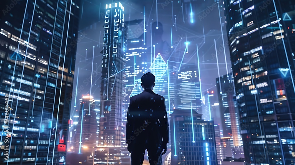 Corporate CEO stands before a holographic display of company growth and ...