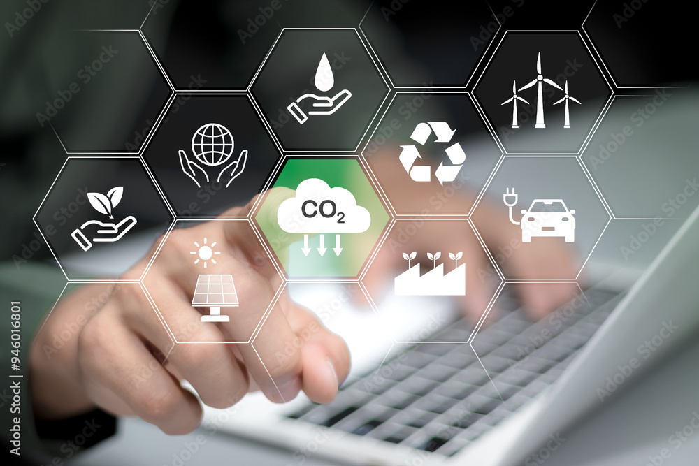 Foto de Reduce greenhouse gas emission concept. Carbon footprint ...