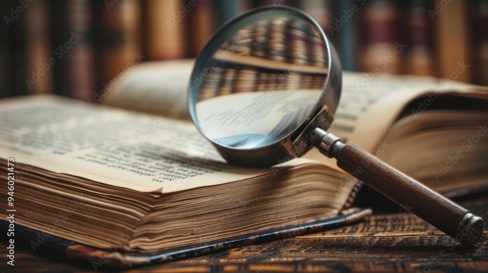Magnifying glass revealing tiny text in a thick reference book Stock ...