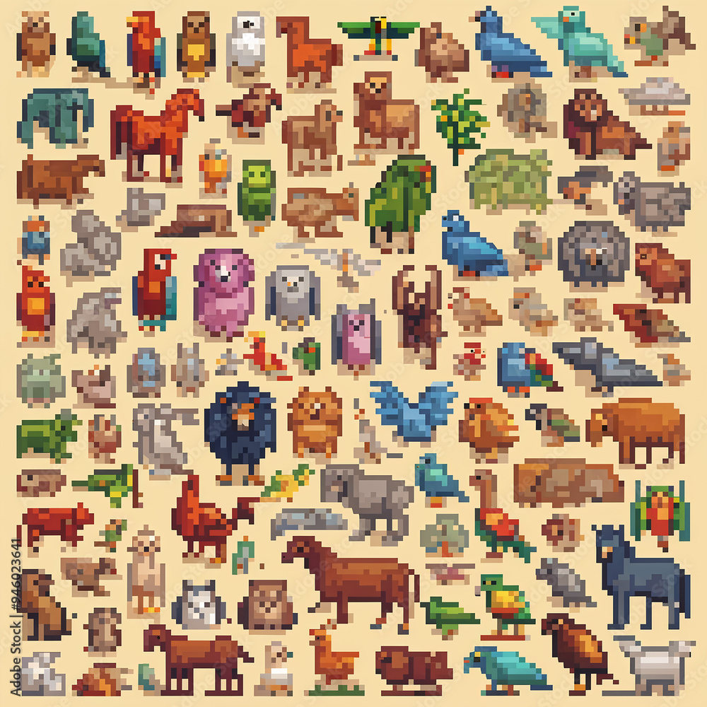 Photo & Art Print A colorful collage of pixel-art animals featuring ...