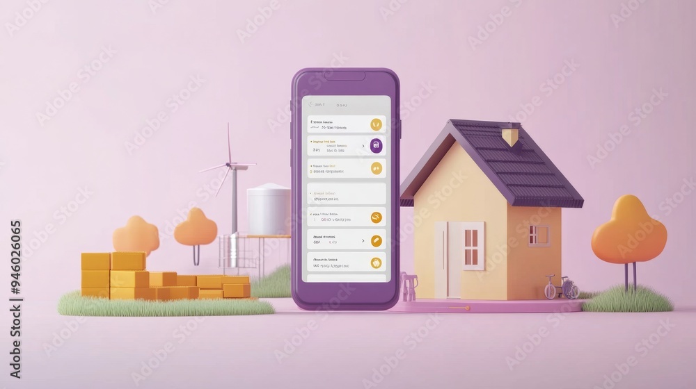 Smart Home App Interface with House Model and D Icons Stock ...