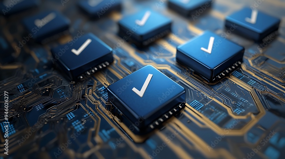 Checkmark buttons appear on a futuristic circuit board, marking steps ...