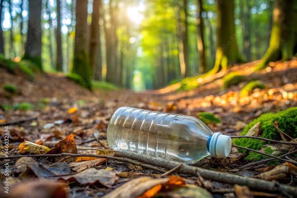 Plastic bottle thrown away in forest. Garbage in nature, reusable ...