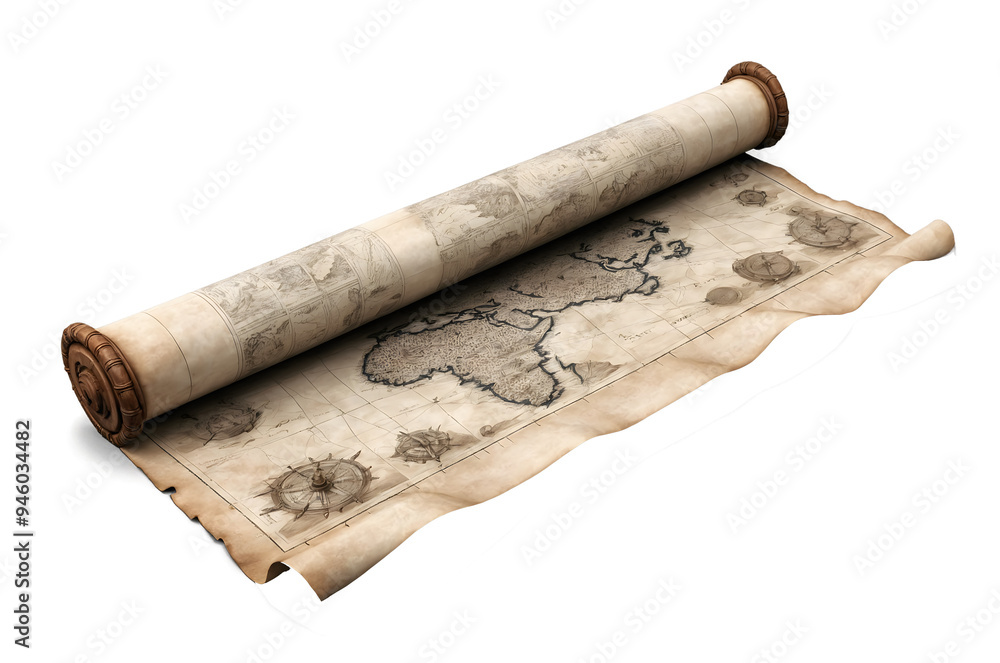 A detailed, worn parchment scroll featuring an ancient map with ...