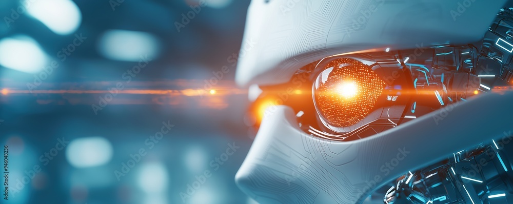 Glowing robotic eyes in a futuristic factory, sci-fi world, 3D ...