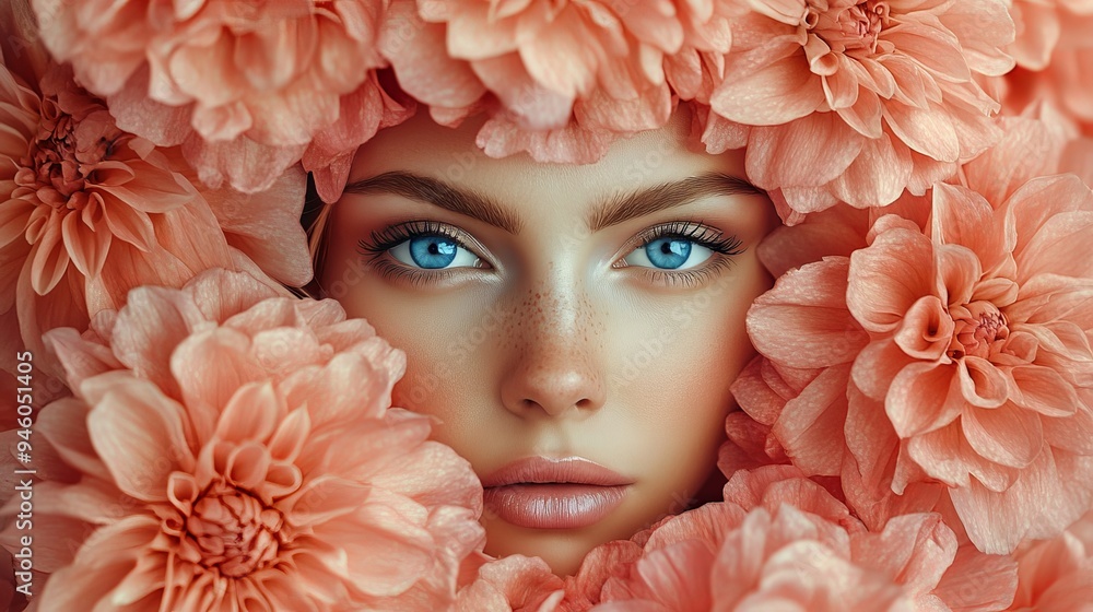 In psychodermatology, a serene woman with freckles and clear skin ...