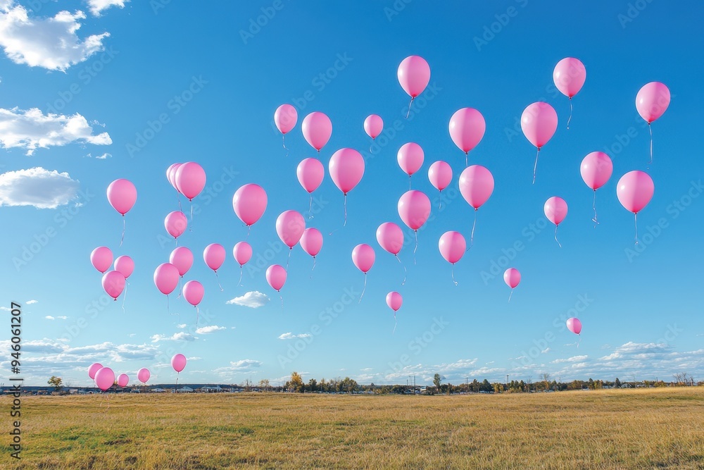 Pink Balloon Release: A skyward view of dozens of pink balloons being ...
