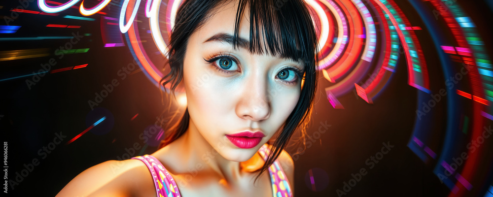 Girl taking a selfie in a nightclub, long exposure colorful laser ...