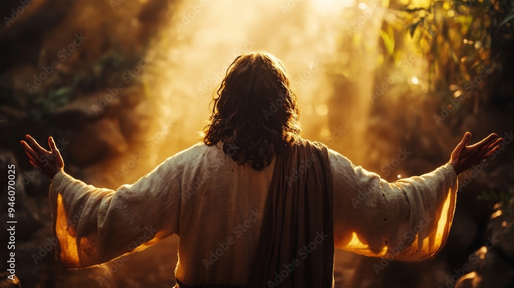 Jesus welcomes repentant sinners. Viewed from behind, Jesus stands with ...