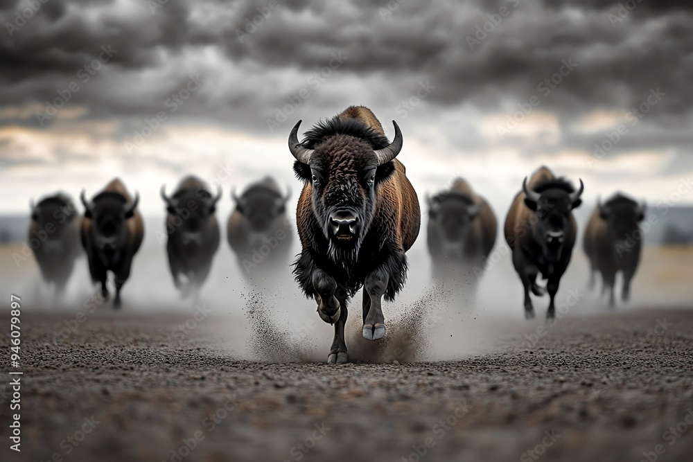 Bison herds moving together across the landscape, captured in a dynamic ...