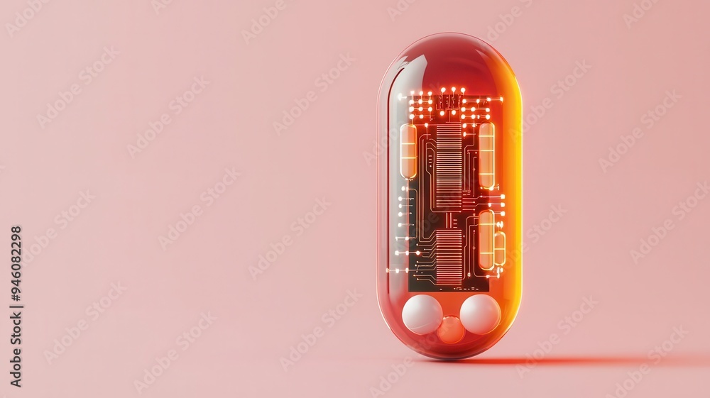 Glowing smart drug capsule with visible internal circuitry, showcasing ...
