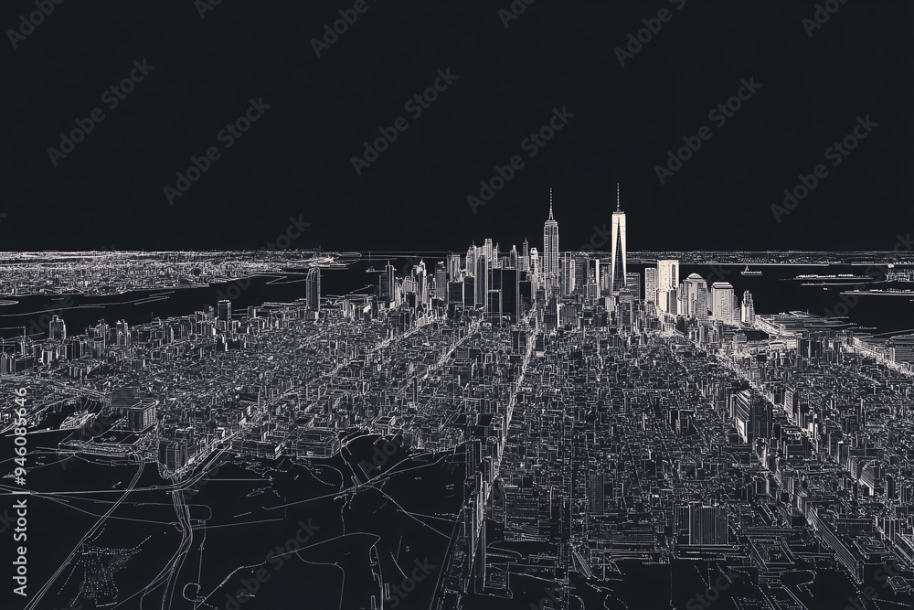 A highly detailed line drawing of New York City, featuring a precise ...