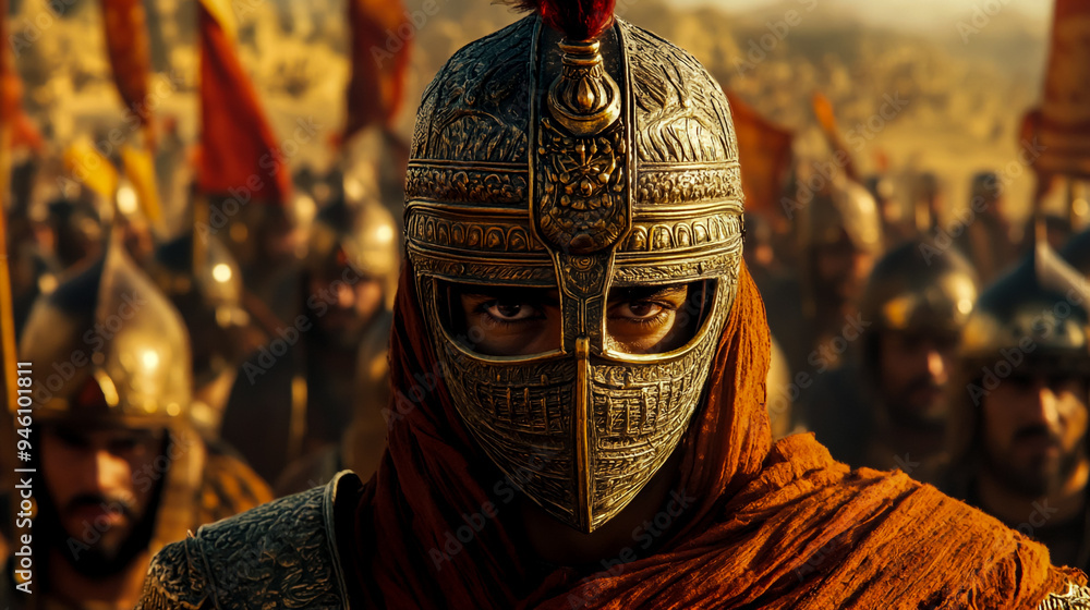 An ancient Persian soldier, wearing an ornate helmet and mask, stands ...