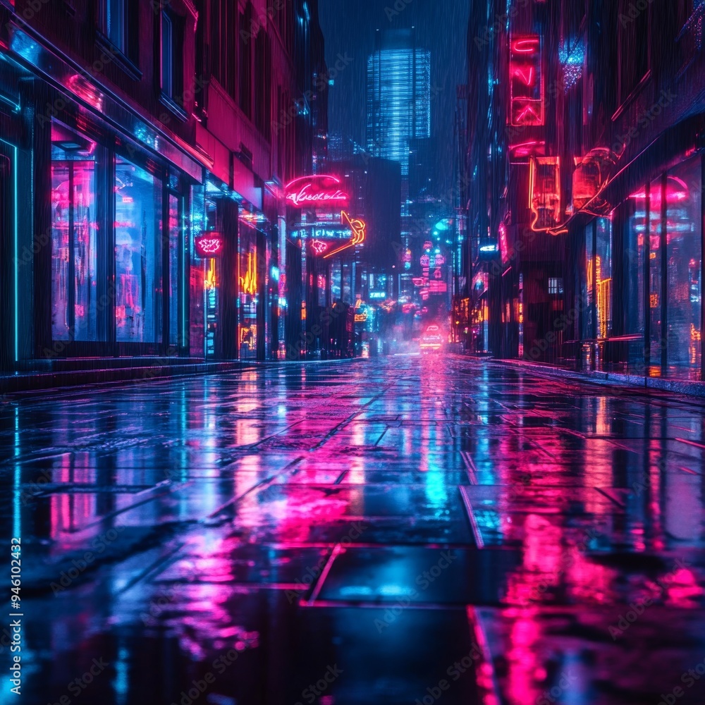 Neon-lit city street at night with vibrant glowsticks illuminating the ...