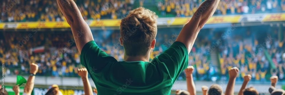 Soccer player celebrates victory in a busy stadium surrounded by ...