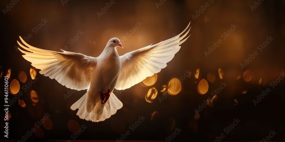 Winged dove descends surrounded by soft flames representing Holy Spirit ...