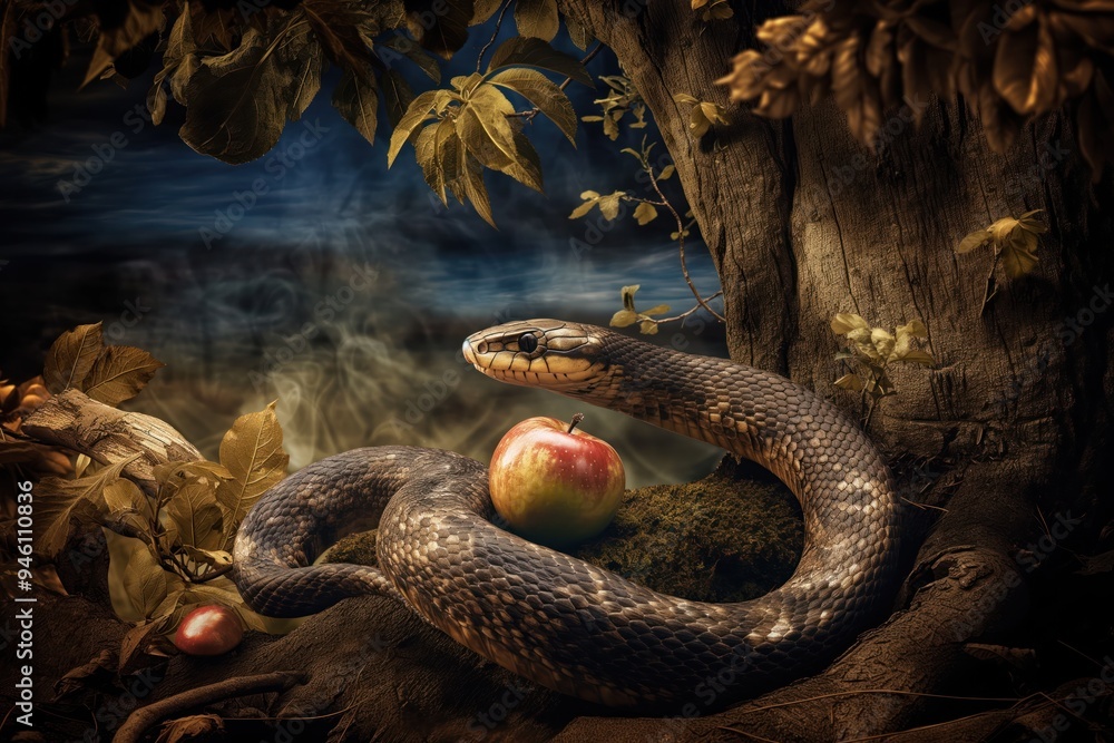 Serpent and apple in the Garden of Eden scene. biblical illustration depicts Adam and Eve ...