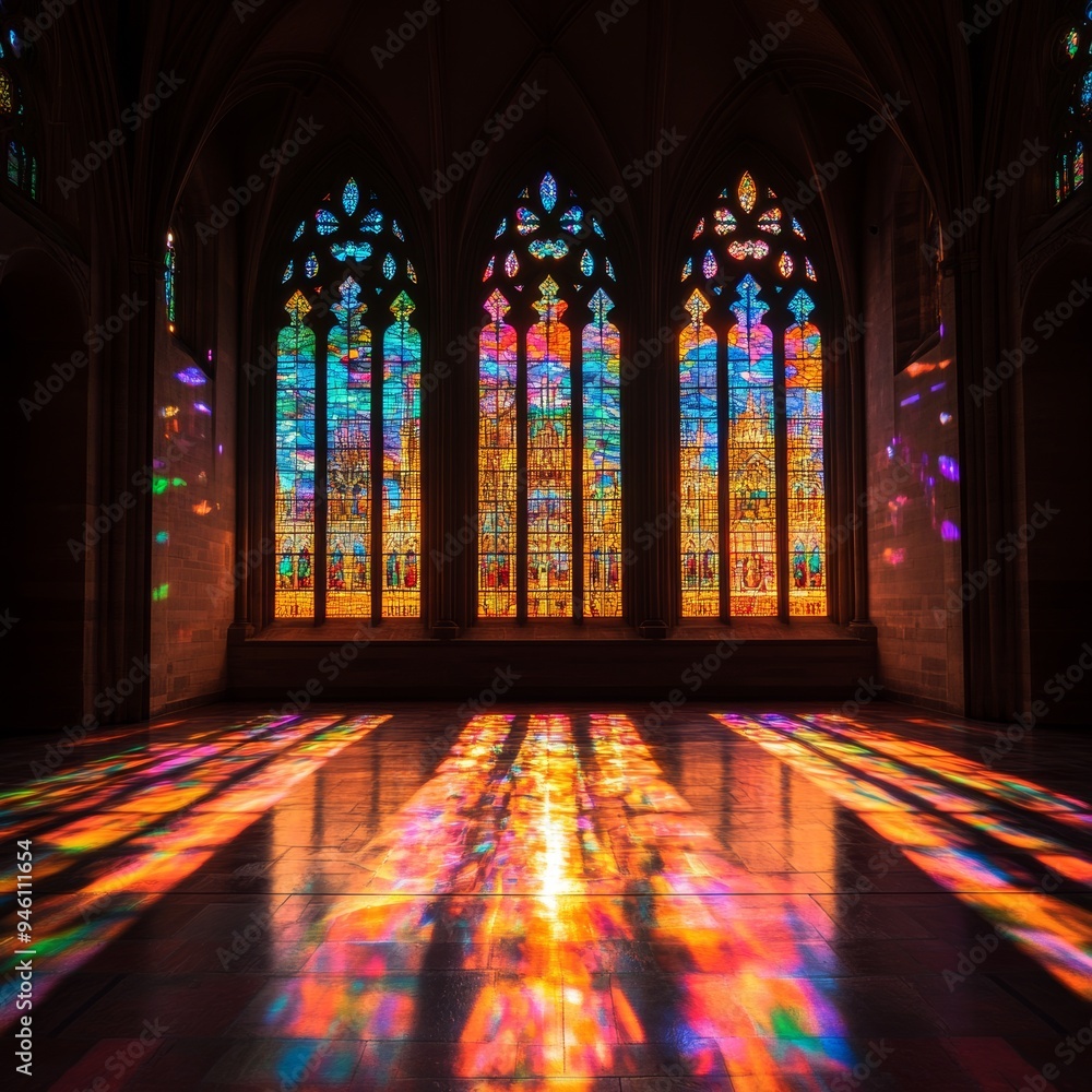 Glowing stained glass windows in a dark cathedral, capturing the light ...