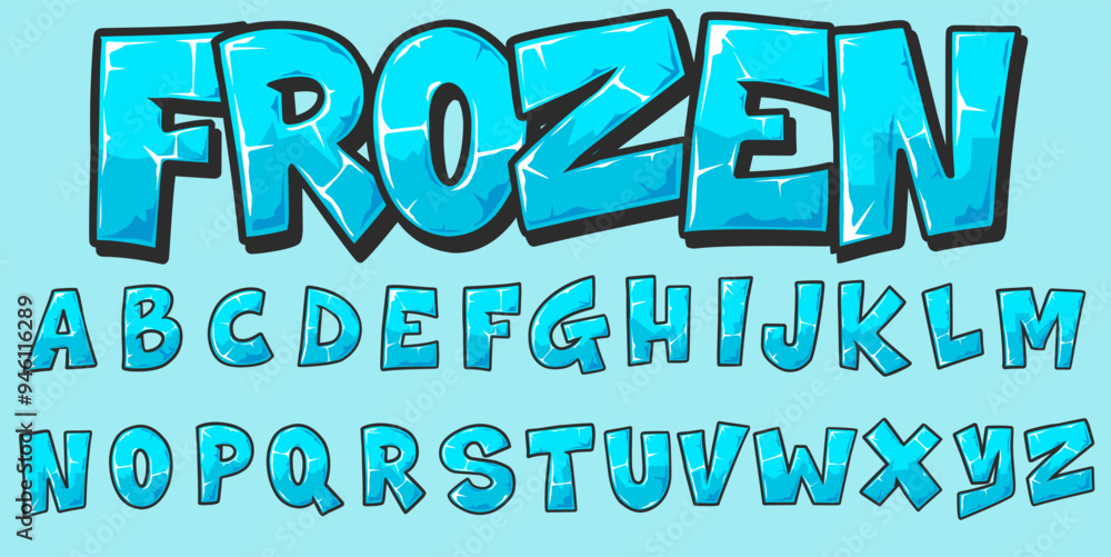 ice alphabet font with examples of frozen writing in blue with a vector ...