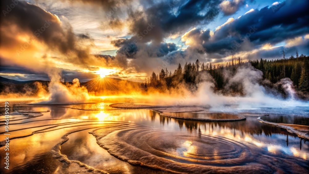 Hot springs steam rising like ethereal spirits, as raindrops create a ...