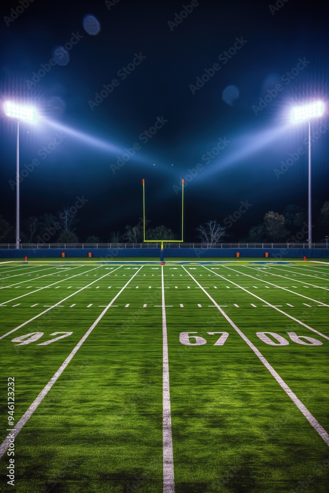 Football field illuminated under bright lights at night. Green grass ...