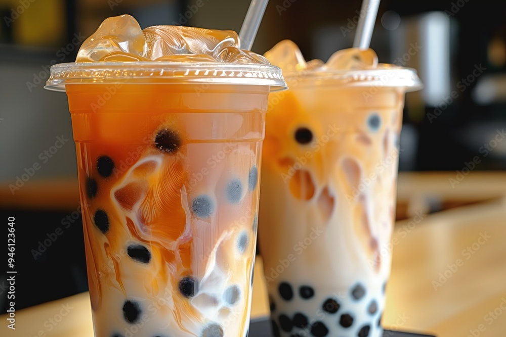 Close-up of Taiwanese milk tea with boba in a glass cup. Thai-style ...