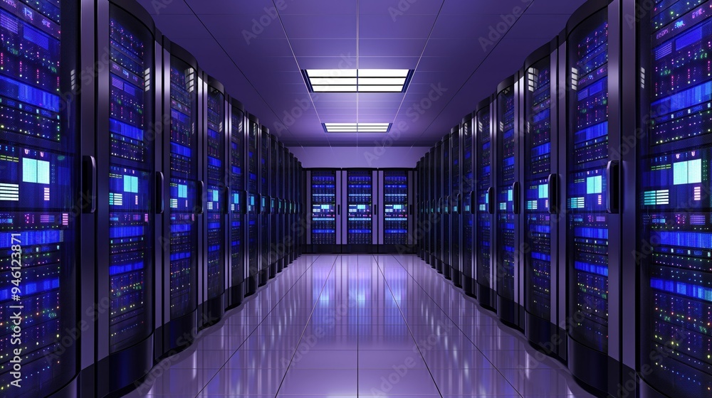 Empty server room with high ceiling and large windows letting in ...