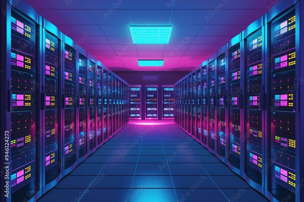 Server room interior in datacenter with rows of high-density racks ...