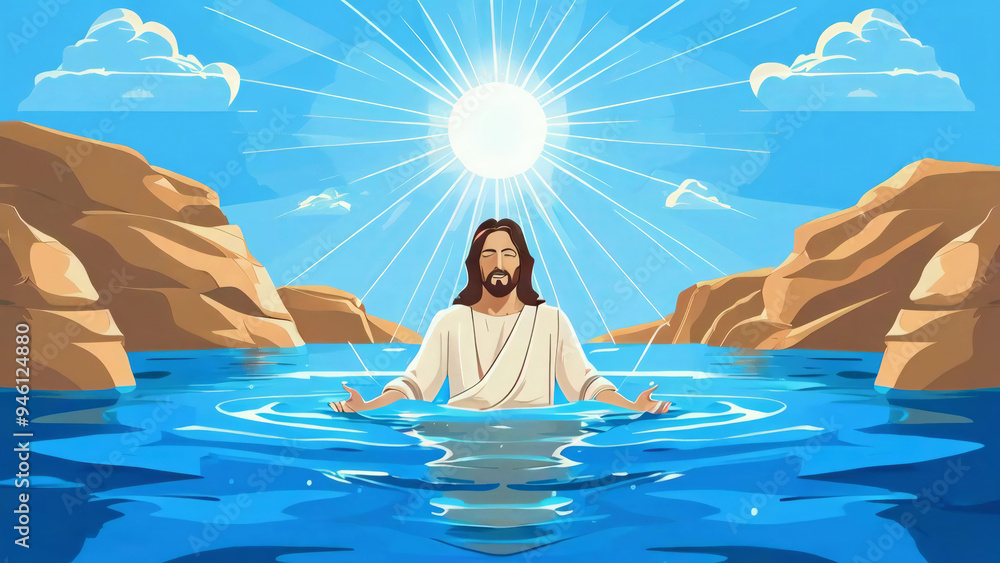 Baptism of Jesus Christ in the Jordan River depicted in a flat cartoon ...