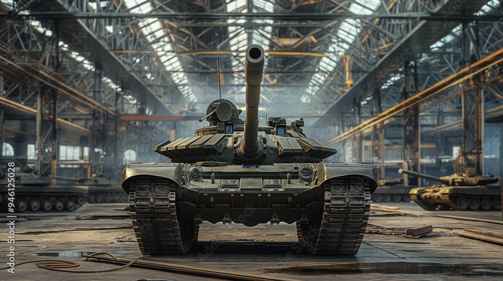 Industrial warehouse backdrop for a massive military tank. The robust ...