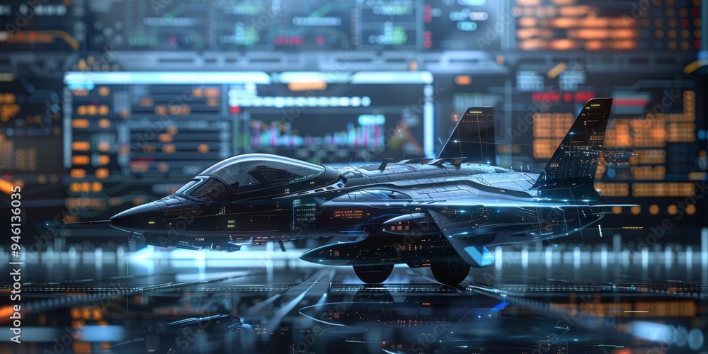 Fighter jet blueprint on digital screen with technical data Stock Photo ...