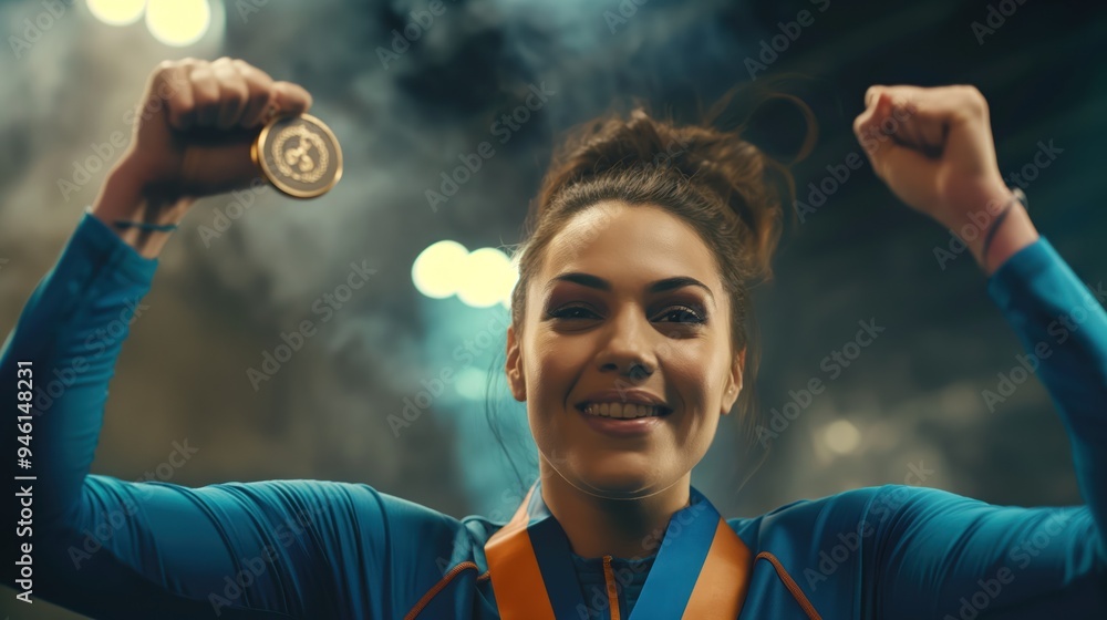 African American woman celebrates victory in sport. Muscular female ...