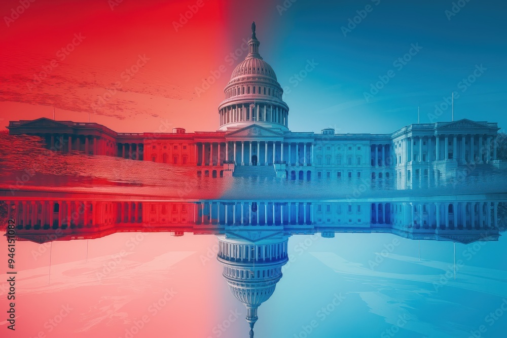 U. S. Capitol building reflected in calm water body. Red and blue hues ...