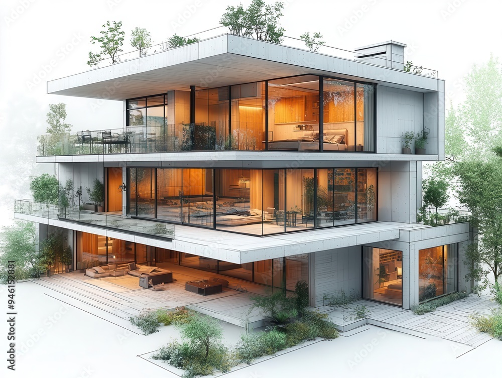 3d architectural rendering of modern house plan wireframe overlay ...