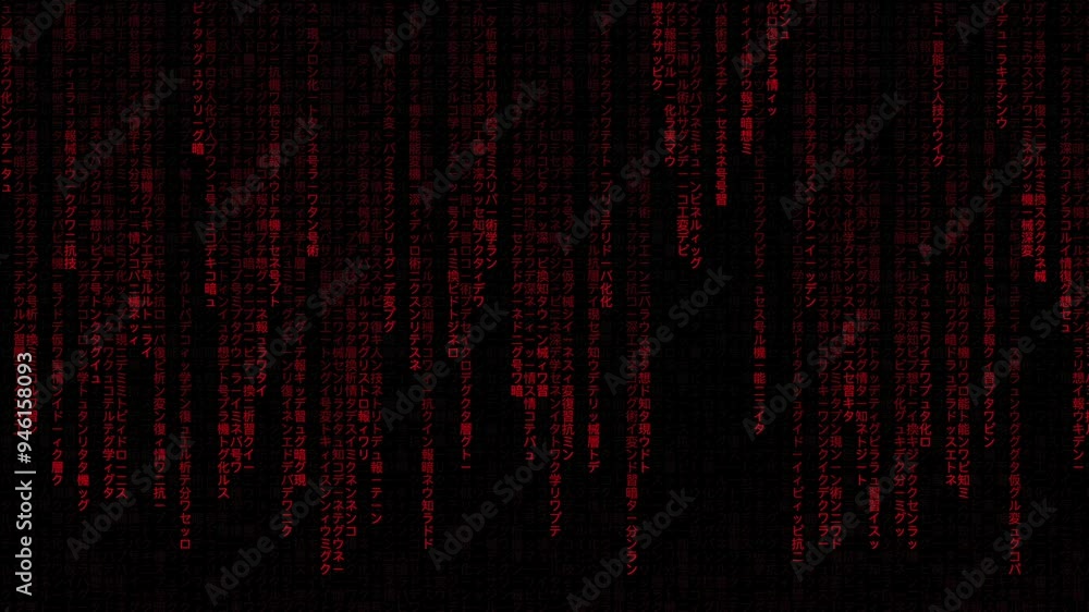 Japanese Characters. Hacker attack. Red code on black background. Moving digits on screen ...