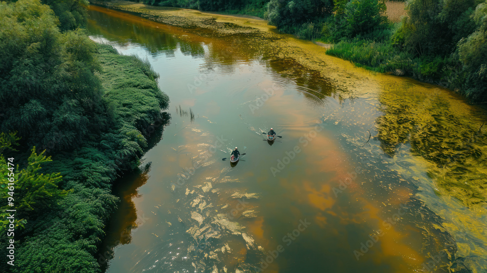 Aerial perspective of a river being monitored for water quality, with ...